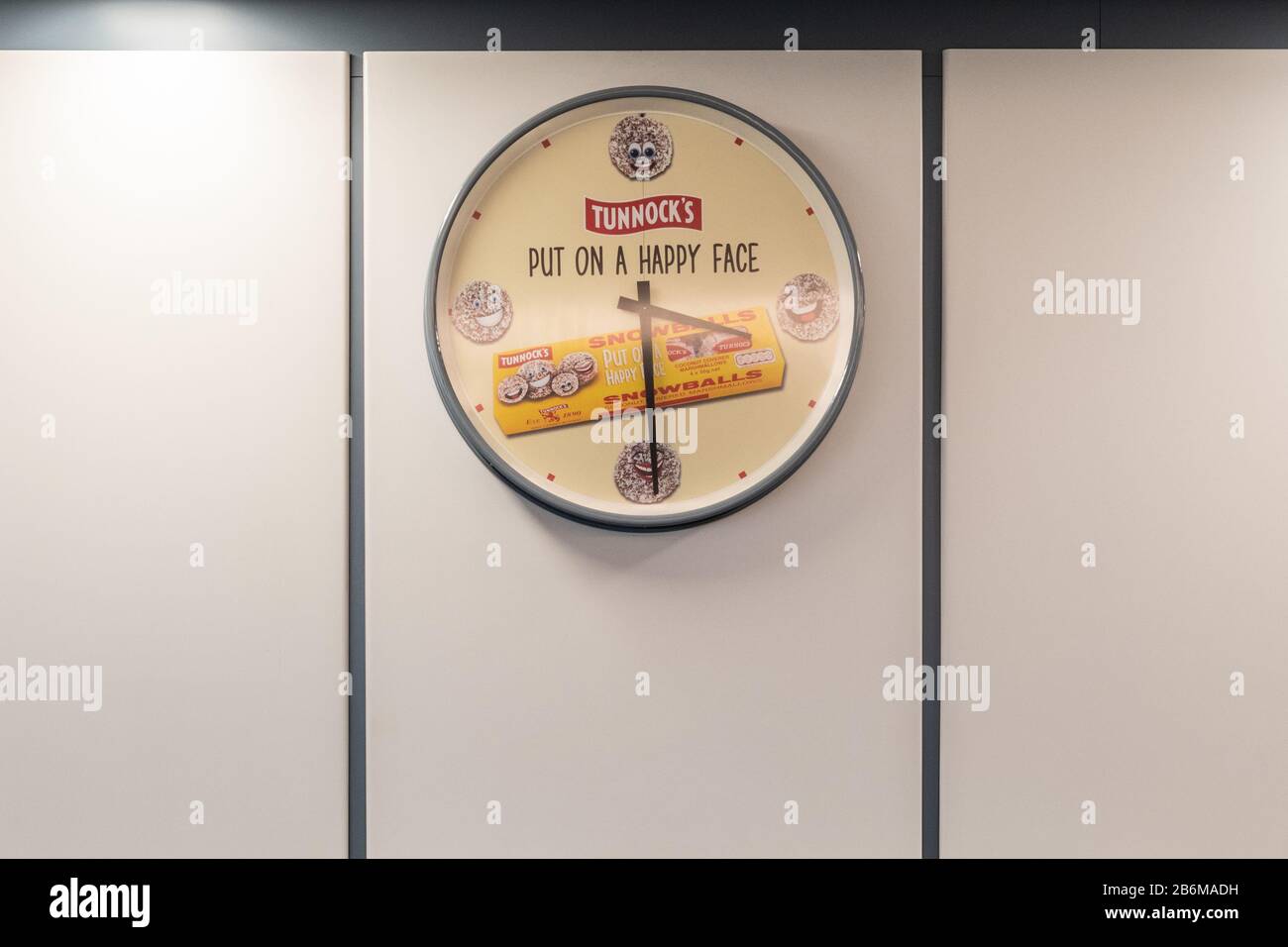Tunnocks Snowballs clock at Glasgow Airport, Scotland, UK Stock Photo ...