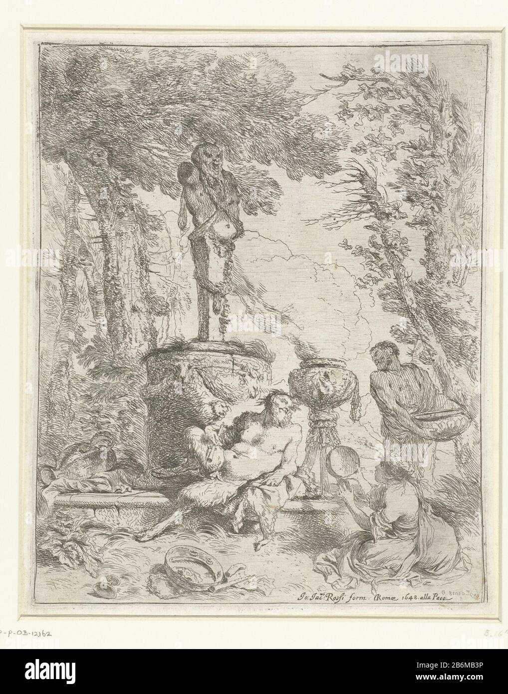 Feest bij een standbeeld van de god Terminus a satyr, a man and a woman ...