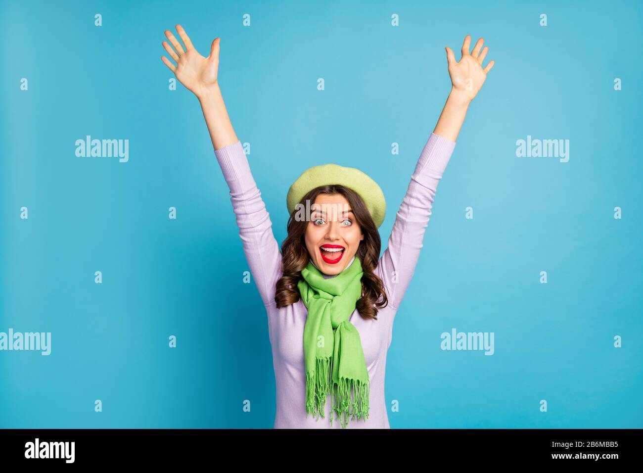 Sale. Photo of funky traveler lady raise hands up open mouth excited ...