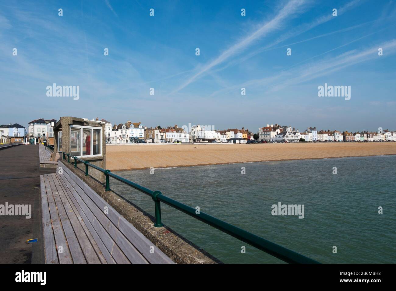 View from the 1950s concrete pier of the seafront at Deal, Kent, UK ...