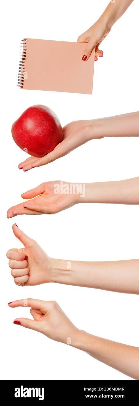 Multiple images set of female caucasian hand with objects isolated over ...