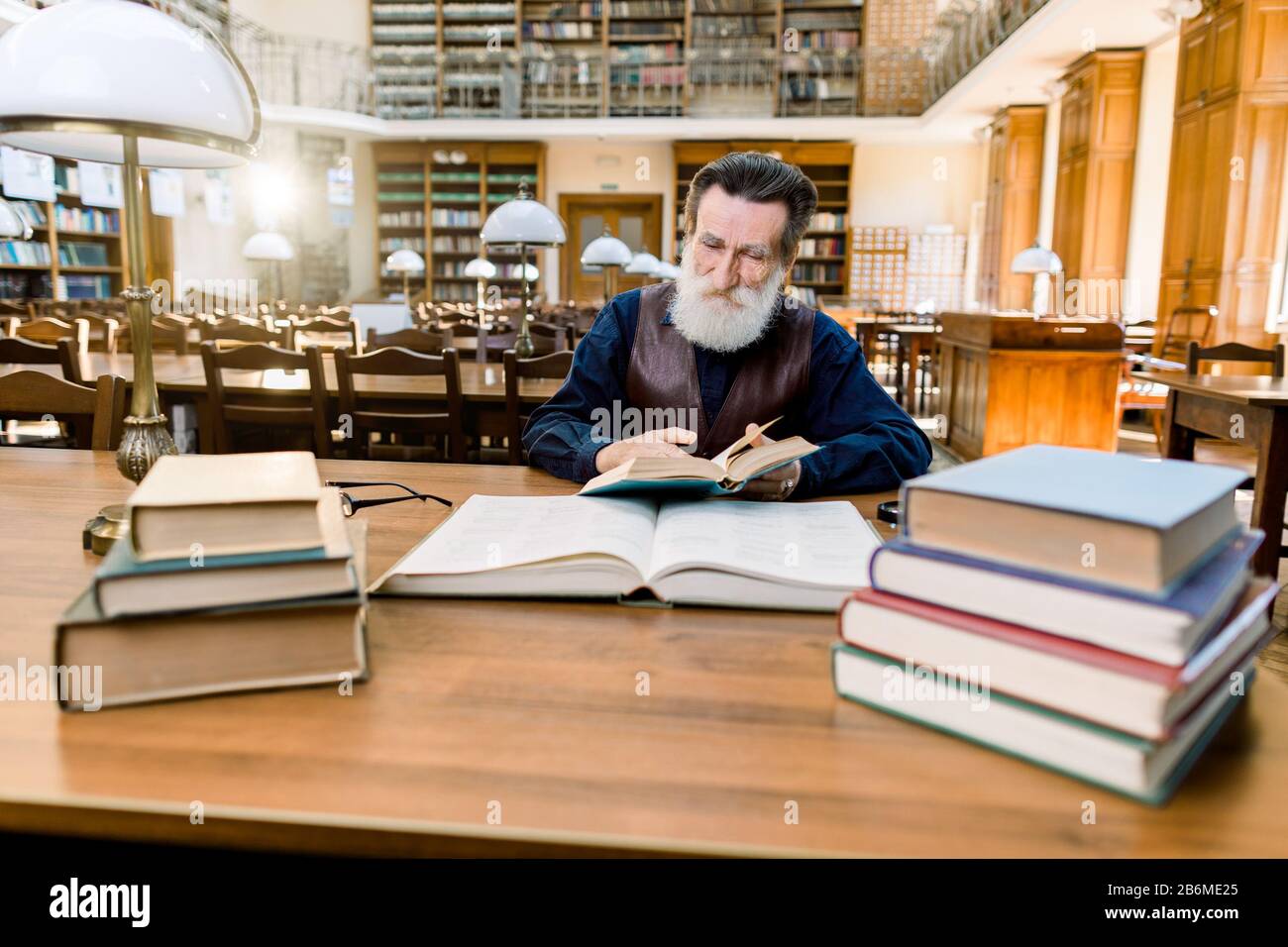 Literature, classic, library, education concept. Senior man reader sits ...