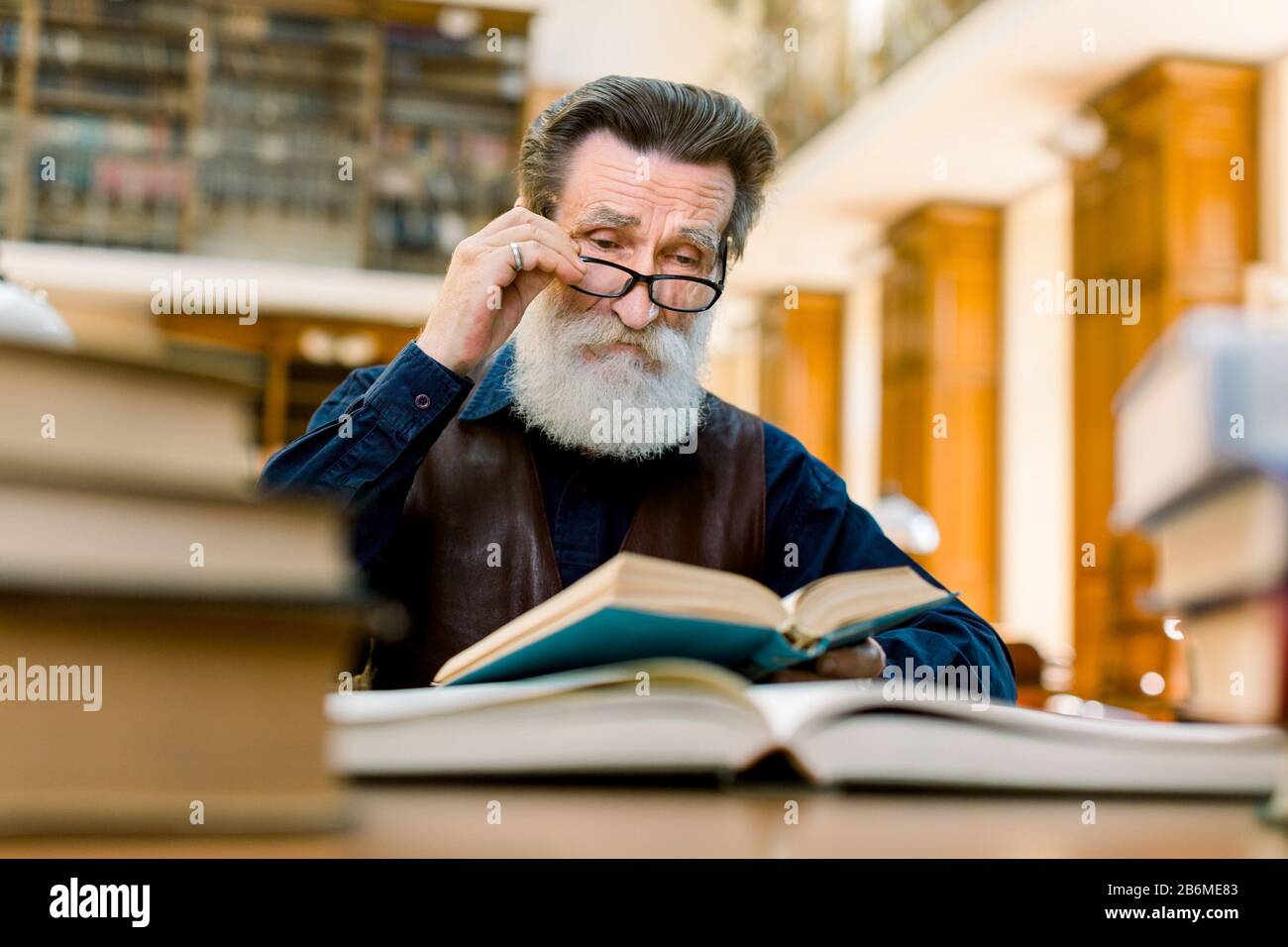 Elderly Old Man Professor Writer Reading A Book In Old Vintage