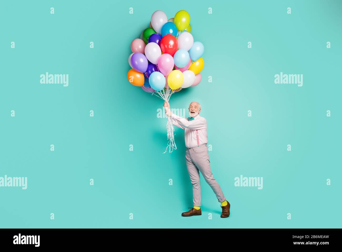 Full body photo funky energetic crazy old white grey bearded man hold ...