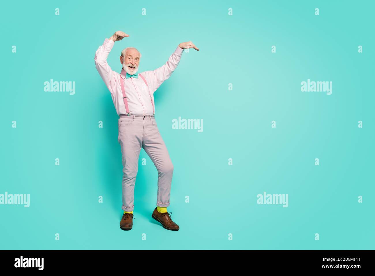 Full size photo of cheerful cool crazy excited old man dance on retro ...