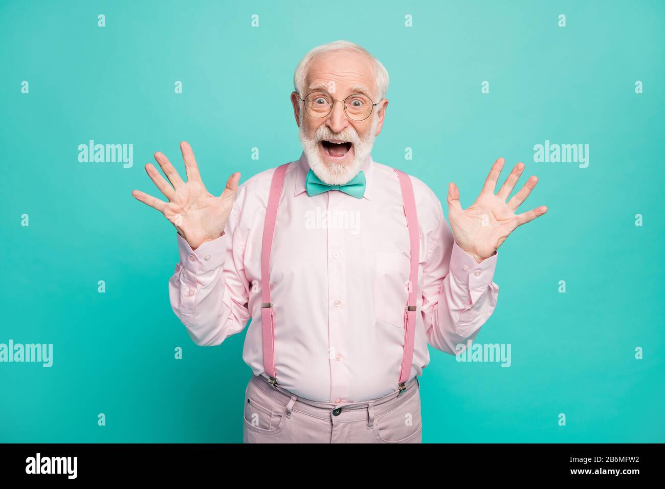 Photo of amazed stylish grandpa positive facial expression smile good ...