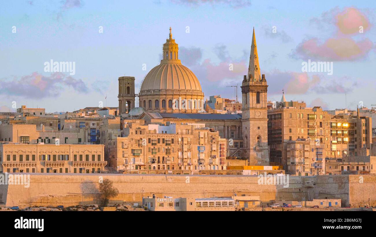 Typical and famous skyline of Valletta - the capital city of Malta ...