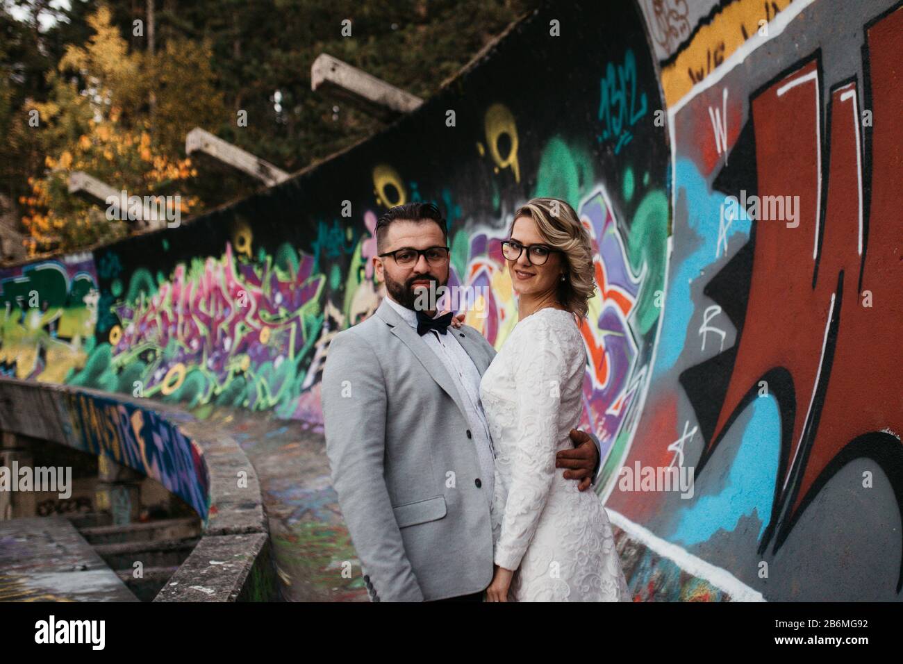 Beautiful couple having a romantic moment on their weeding day, in ...