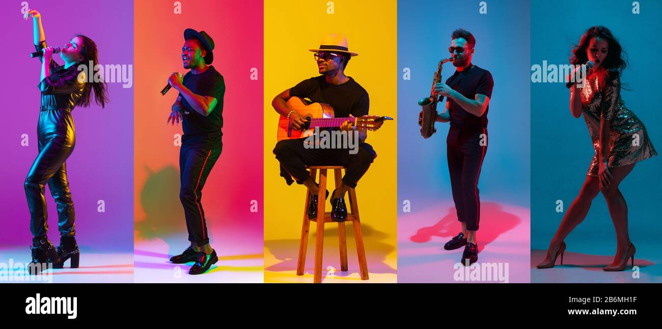 Collage of portraits of young emotional talented musicians on ...