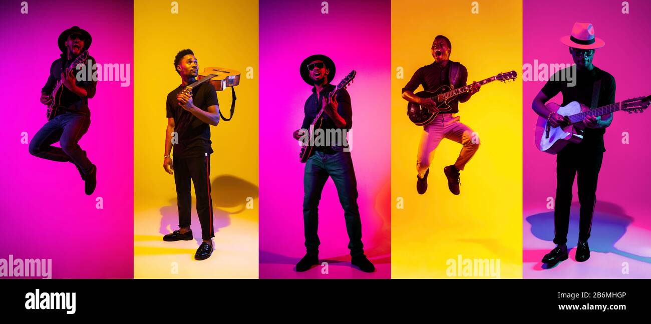 Collage of portraits of 3 young emotional talented musicians on ...