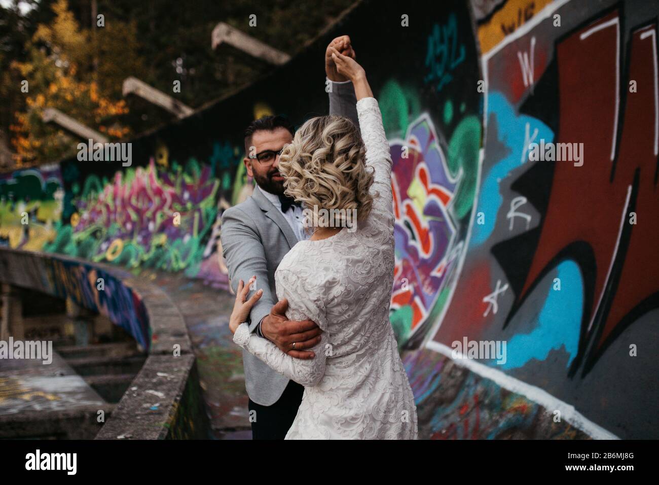 Beautiful couple having a romantic moment on their weeding day, in ...