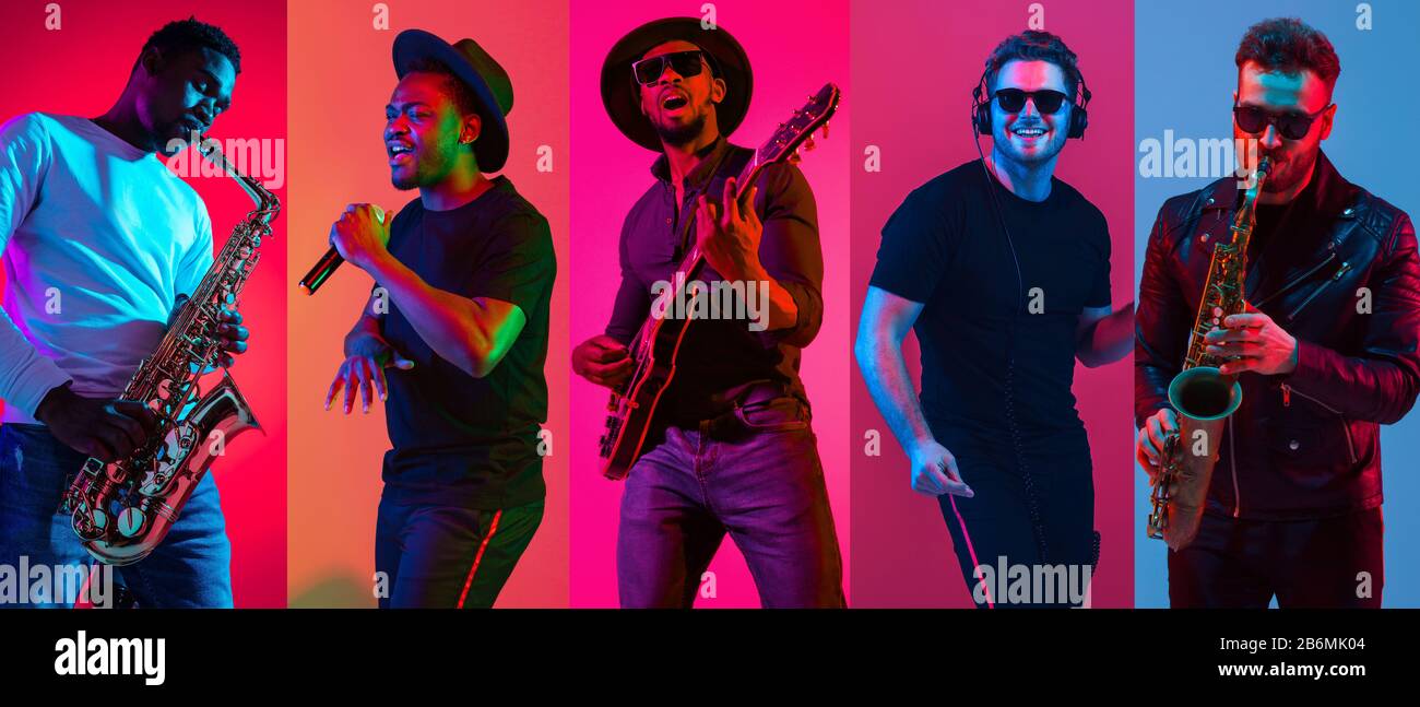 Collage of portraits of young emotional talented musicians on ...