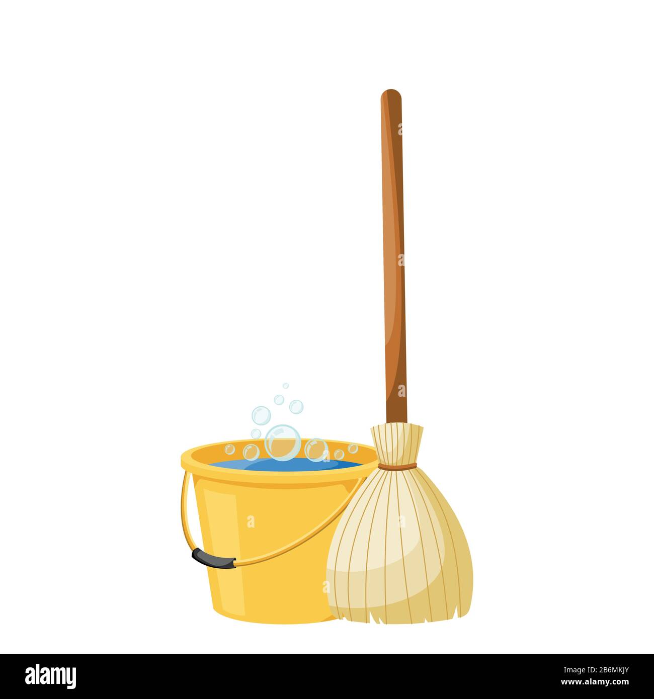 Cartoon broom with yellow plastic bucket . Vector illustration Stock ...