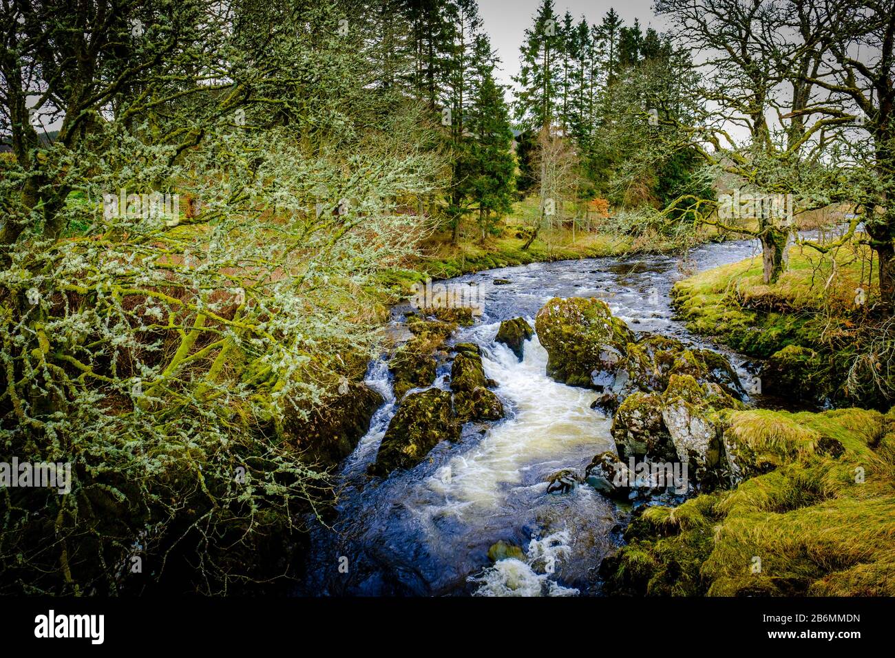 Waterfall on the River Tweed at Tweedsmuir, Scottish Borders Stock ...
