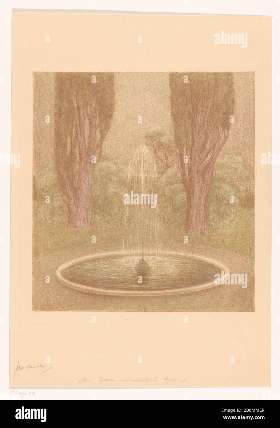 Fontein Behind the fountain are two bomen. Manufacturer : printmaker ...