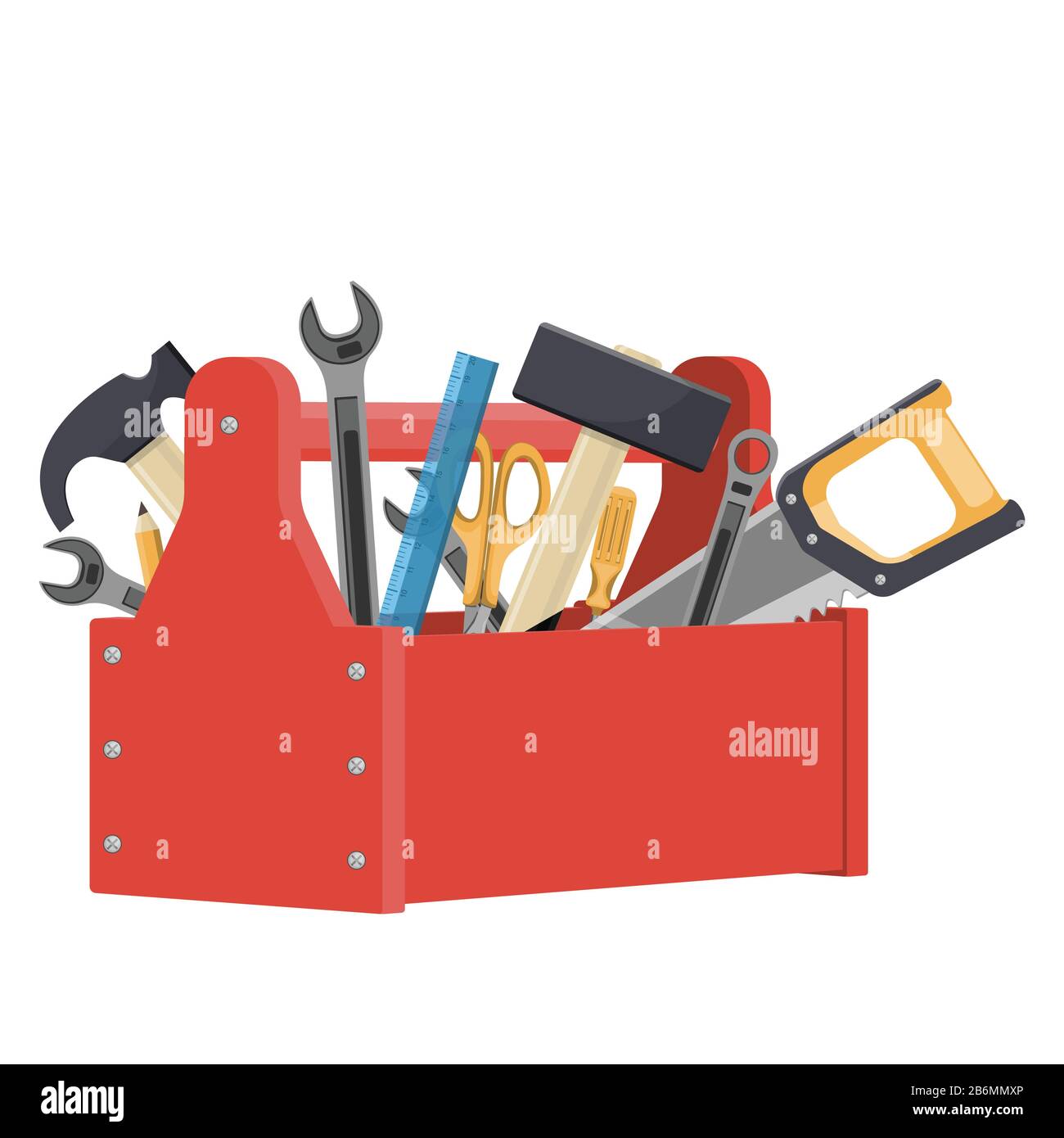 Cartoon red toolbox with saw, scissors, hammers, screwdriver, wrench ...