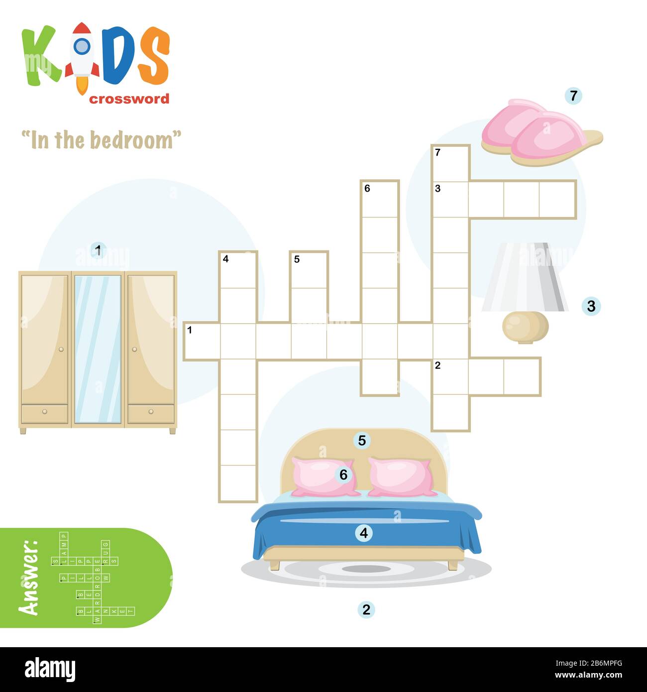 Easy crossword puzzle 'In the bedroom', for children in elementary and ...