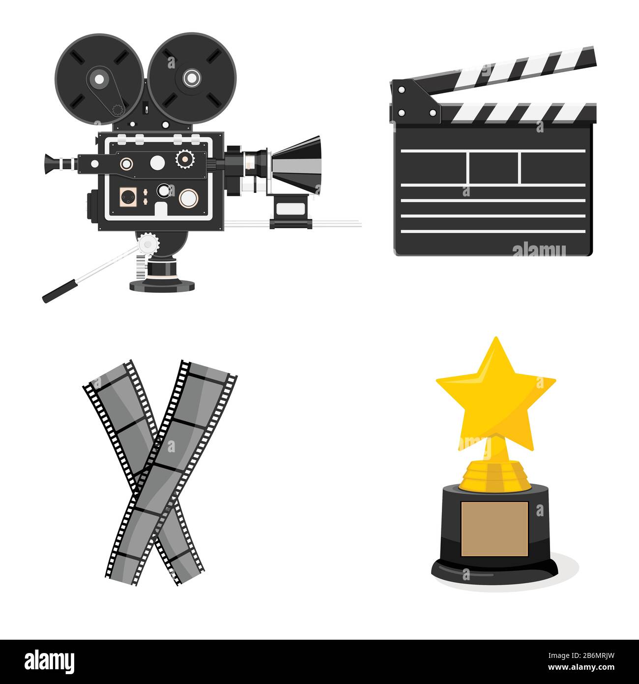 Set of cinematography elements - vintage camera, clapperboard, film ...