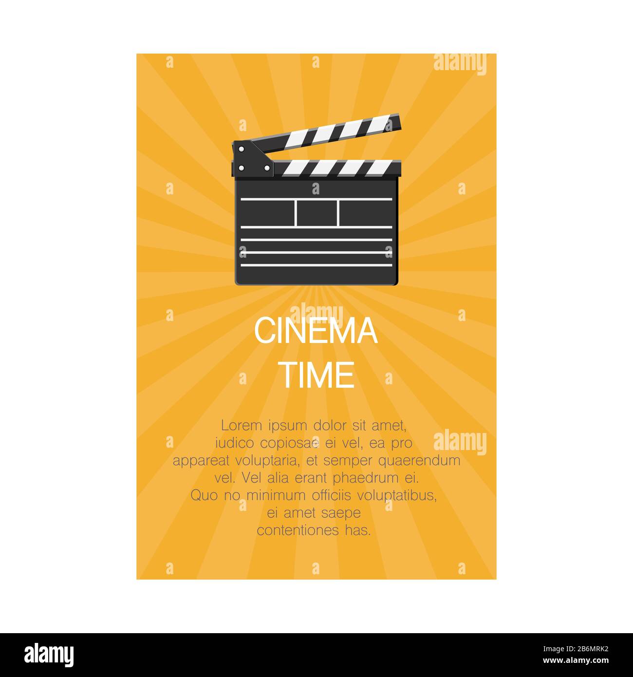 Cinema time. Yellow cartoon poster with clapperboard vector mockup ...