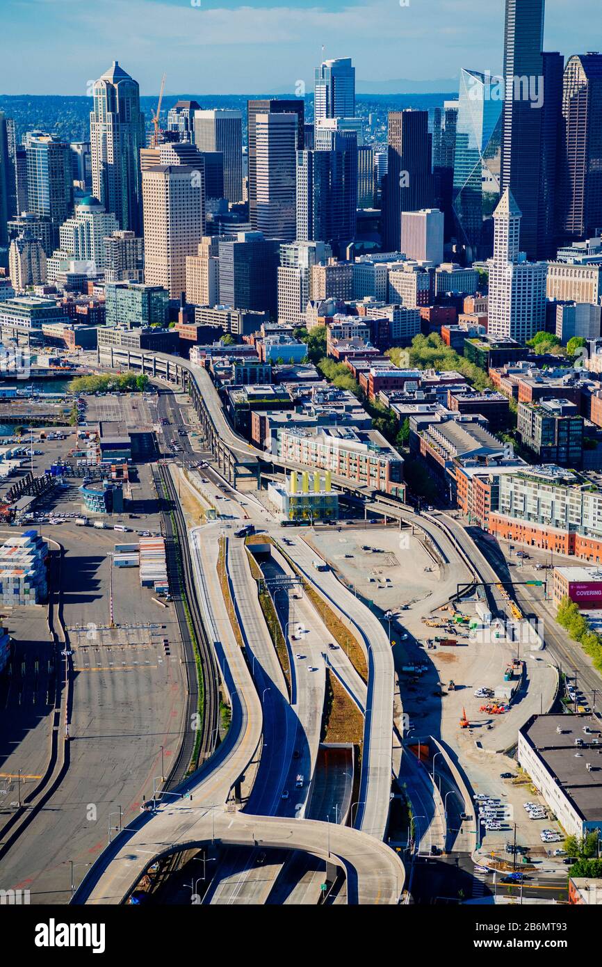 Aerial view of city of Seattle with Highway 99, Washington State, USA ...