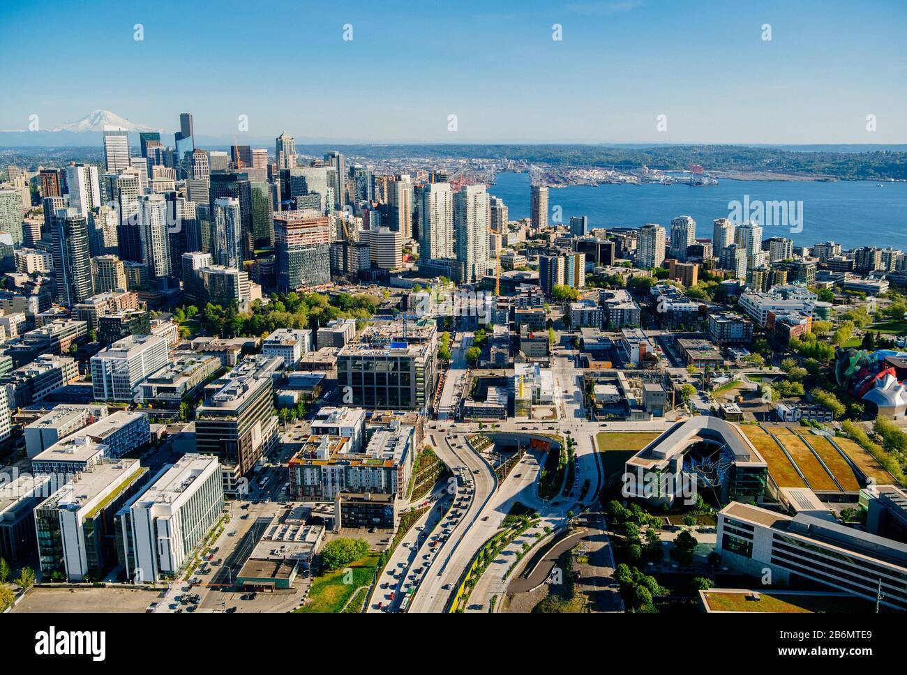 Aerial view of city of Seattle with skyscrapers, Washington State, USA ...