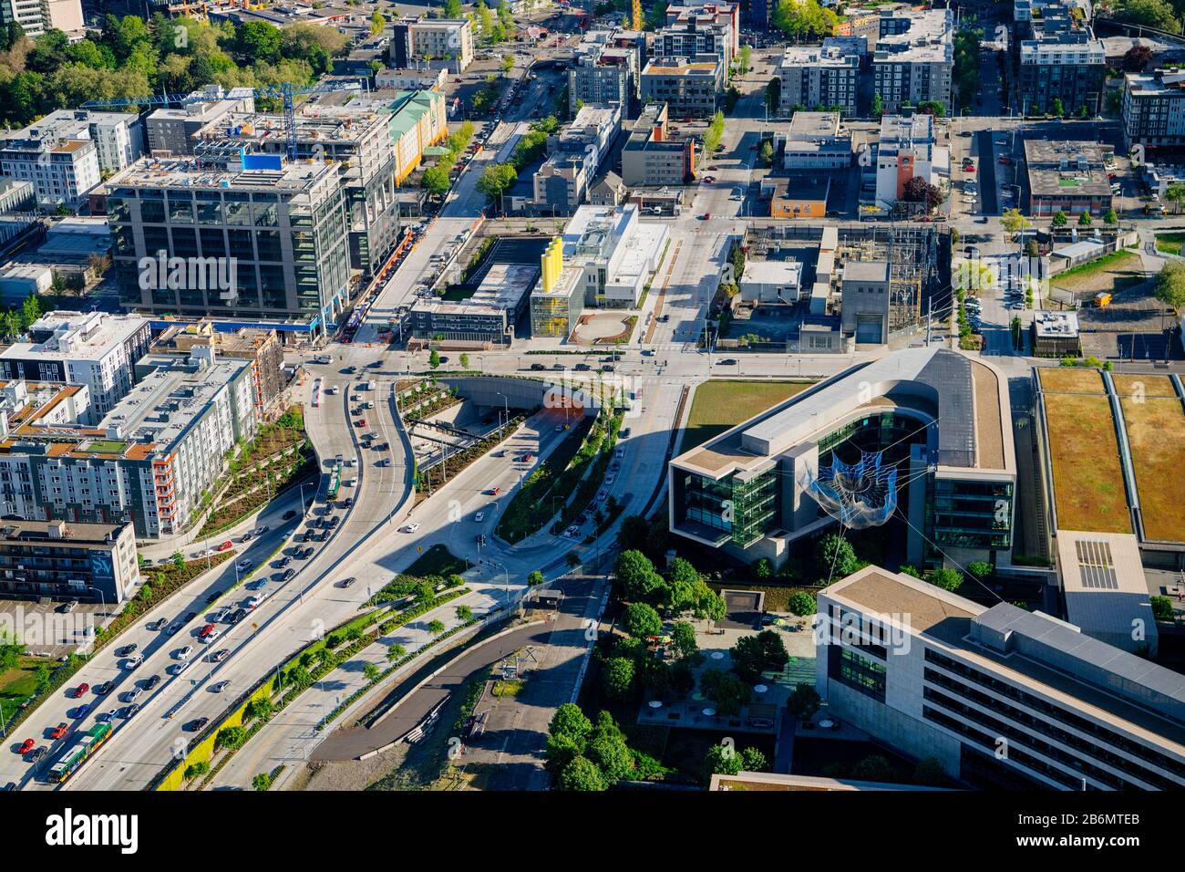 Aerial view of city of Seattle with Highway 99, Washington State, USA ...