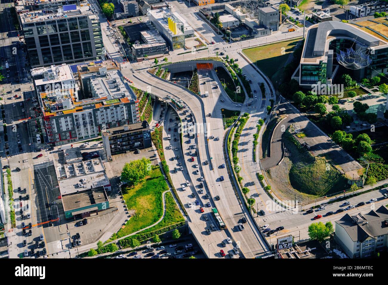 Aerial view of city of Seattle with Highway 99, Washington State, USA ...