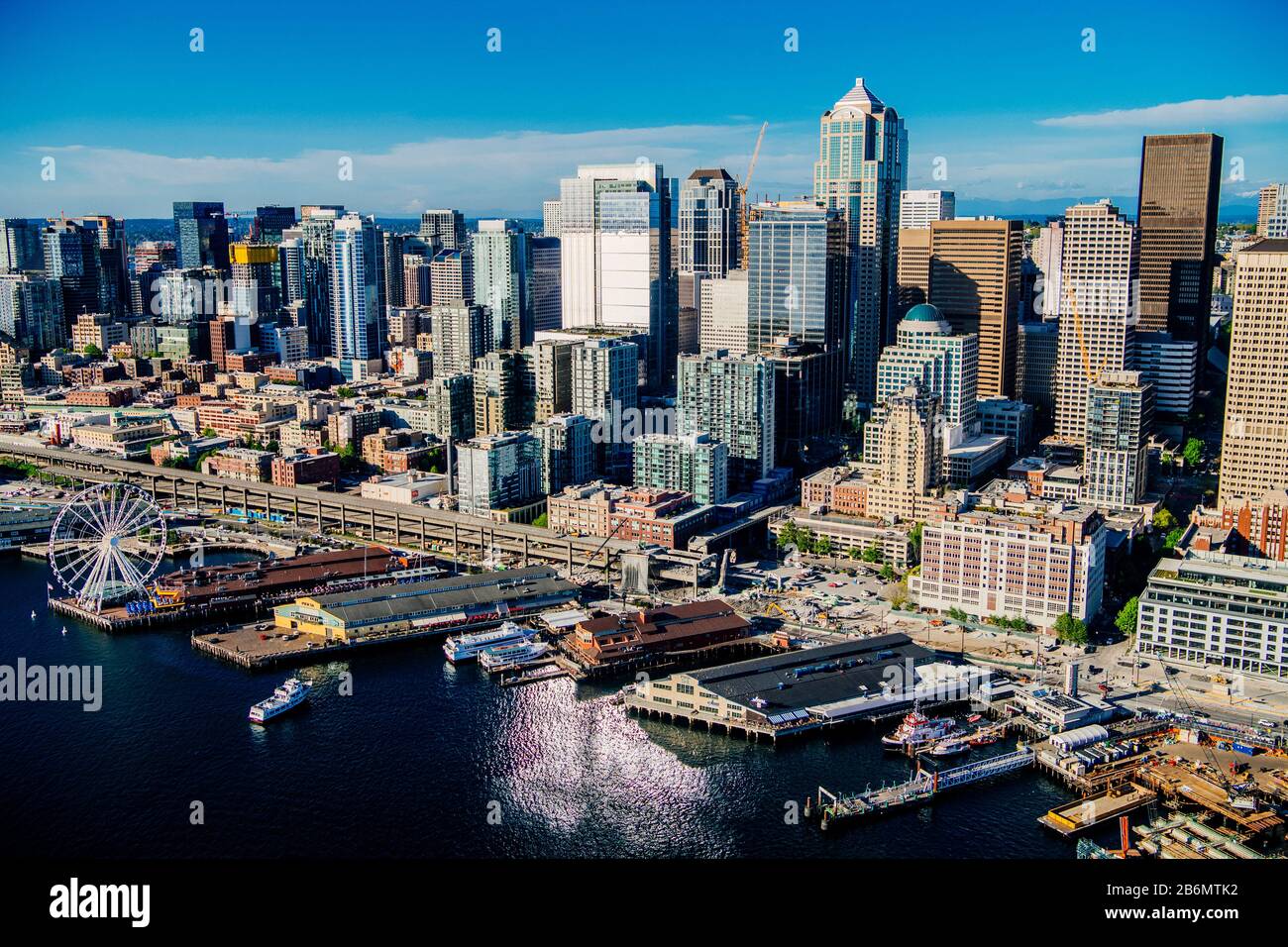 Aerial view of city of Seattle with skyscrapers on waterfront ...