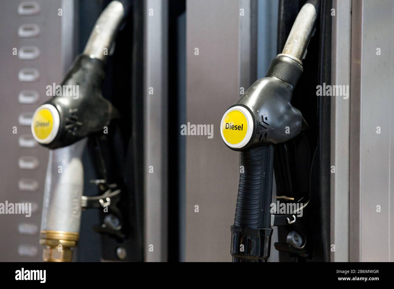 Diesel fuel dispensers seen at the Total petrol station in Brzeznik ...