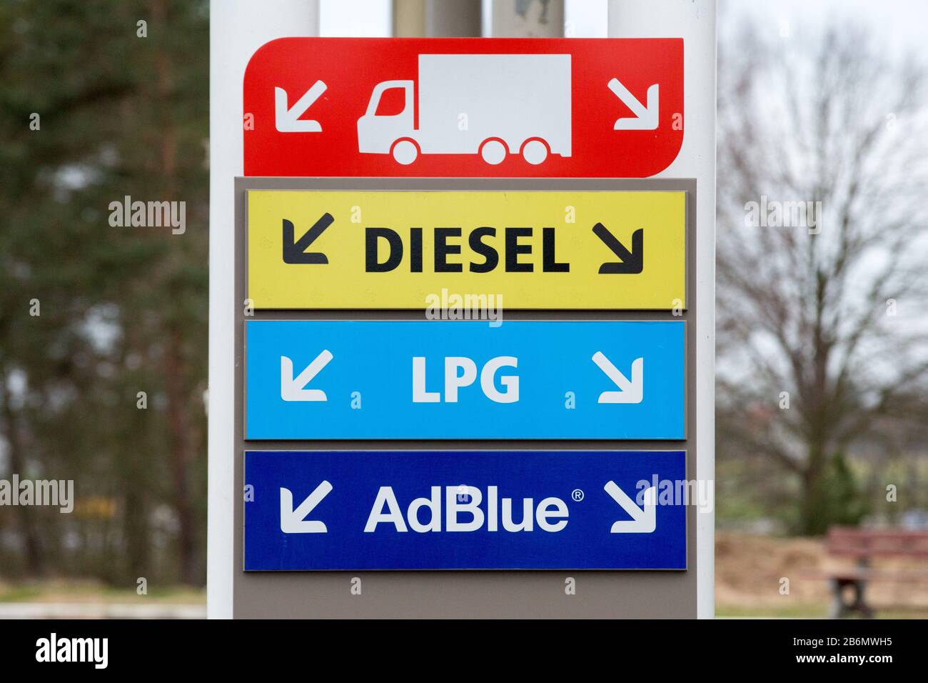 Sign informing about different types of fuels at the Total petrol ...