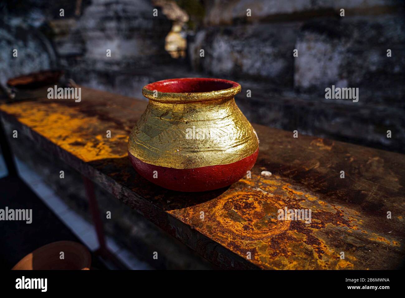 Burmese vase at one of many ancient temples in Old Bagan in Myanmar ...