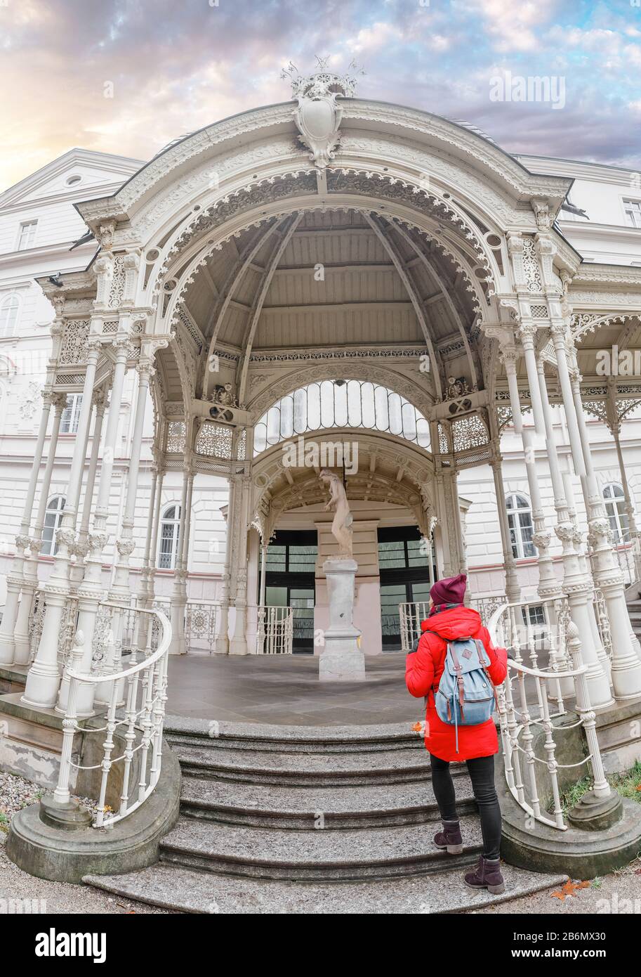 Winter view of park Colonnade in famous resort city with hot springs ...