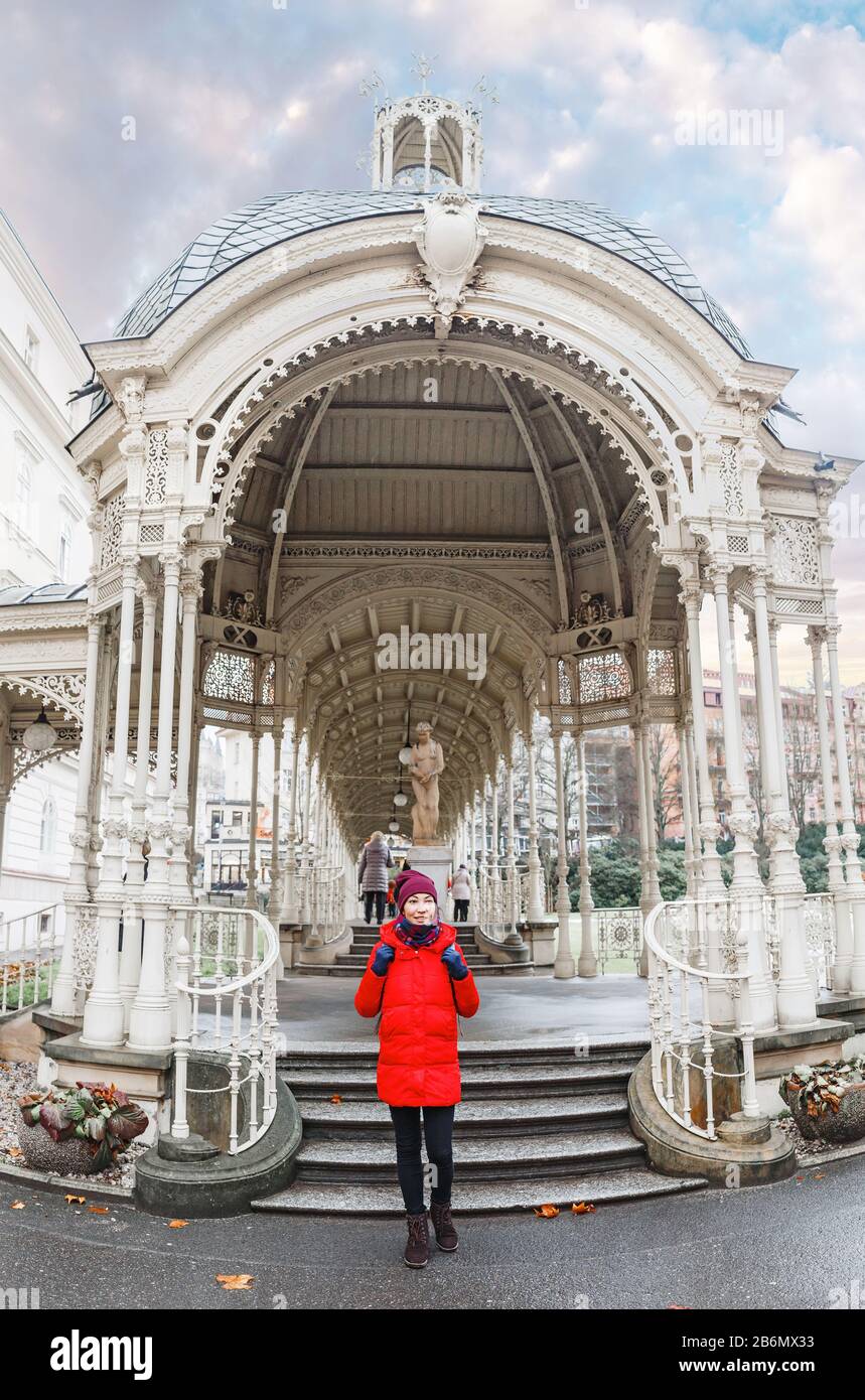 Winter view of park Colonnade in famous resort city with hot springs ...