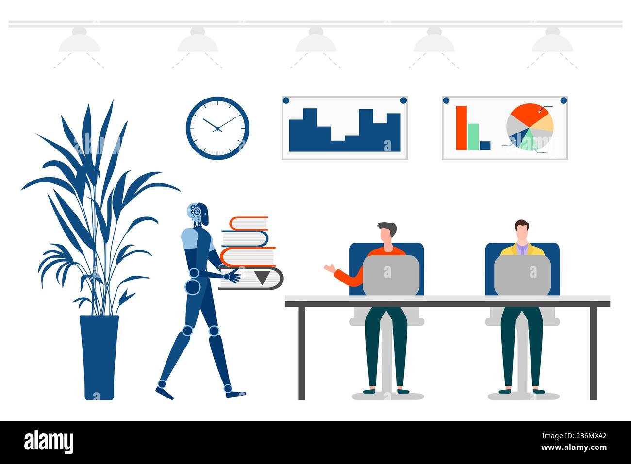 Vector illustration Robot, human teamwork. Partnership with robot ...