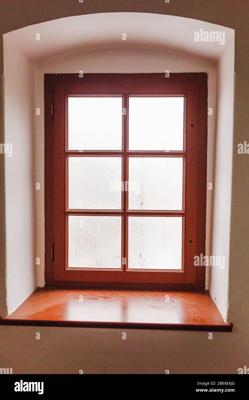 Wooden window view from inside at winter day Stock Photo - Alamy