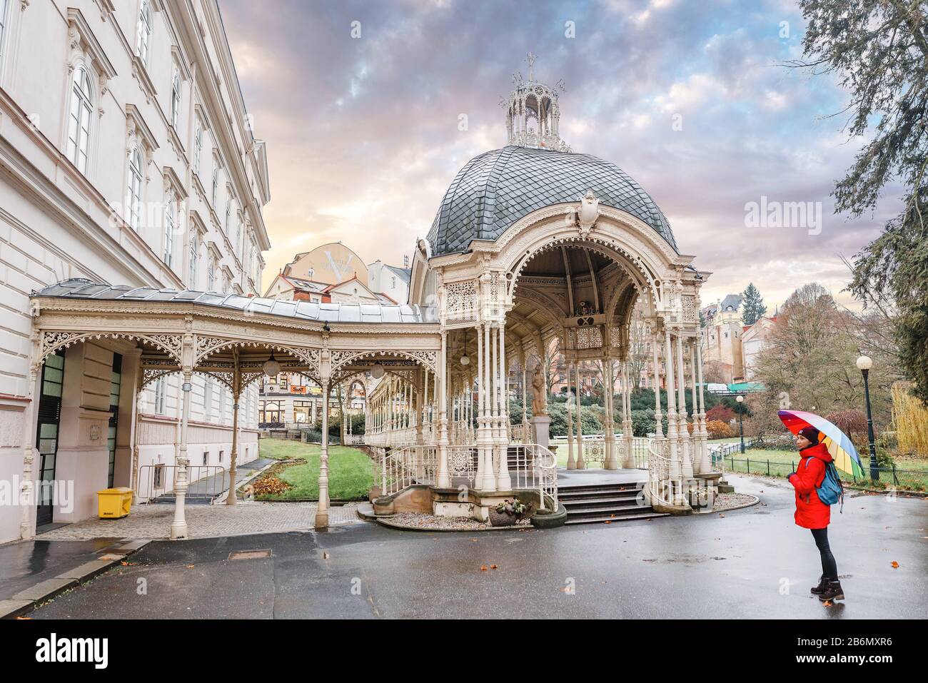 KARLOVY VARY, CZECH REPUBLIC - DECEMBER 2017: Winter view of park ...
