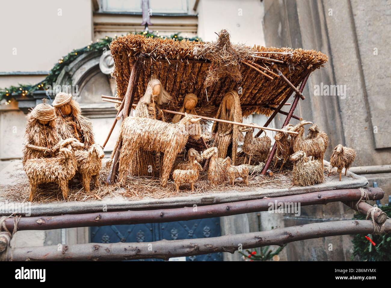 Christmas nativity scene with figurines made of straw on a Prague city ...