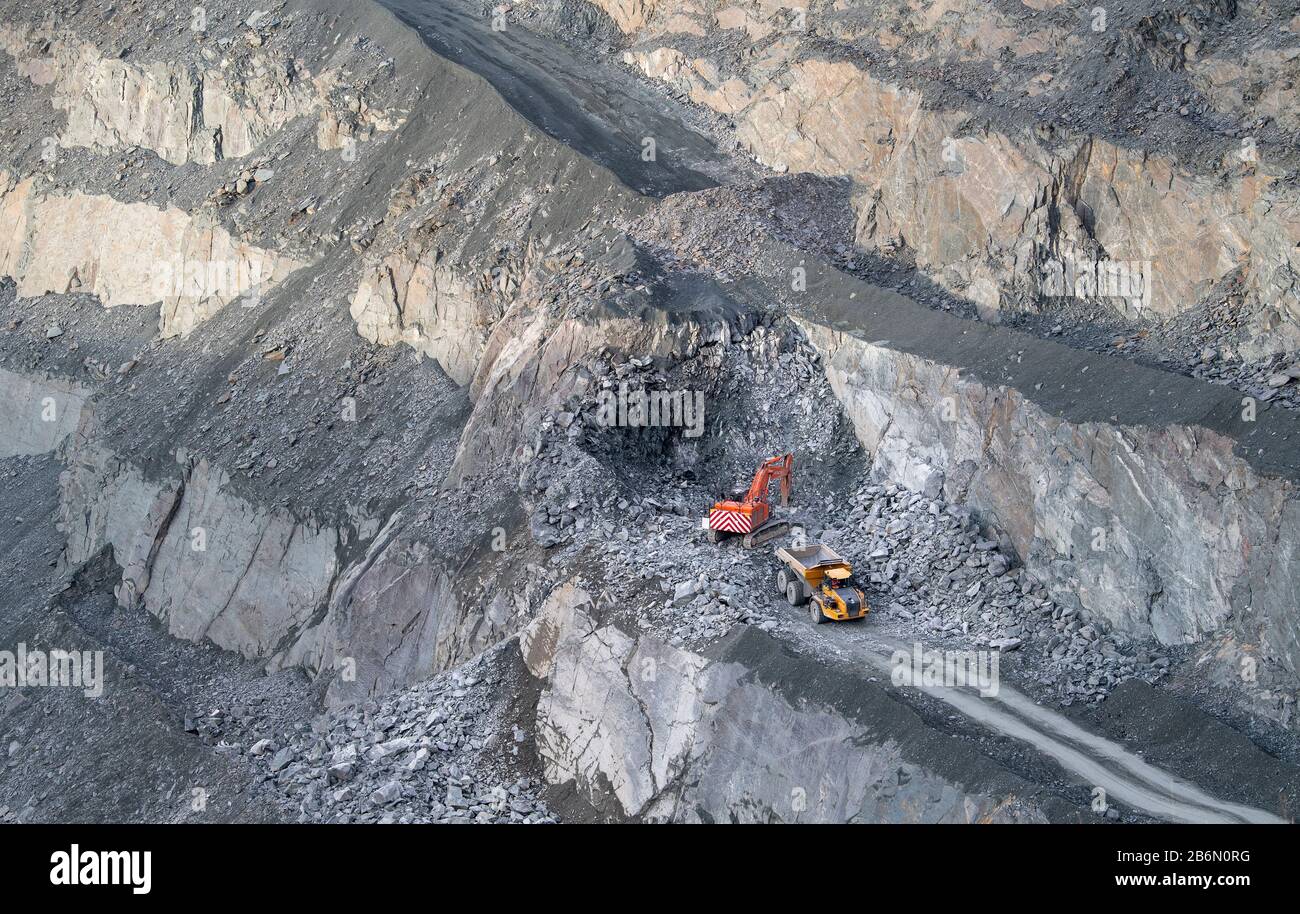 Limestone rocks being extracted from Ingleton Quarry in the Yorkshire ...