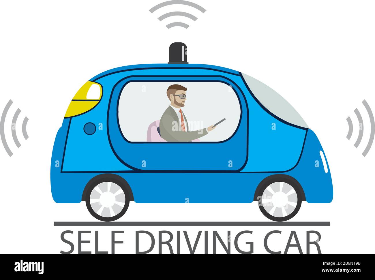 Self driving car with male passenger, Cartoon autonomous blue auto ...