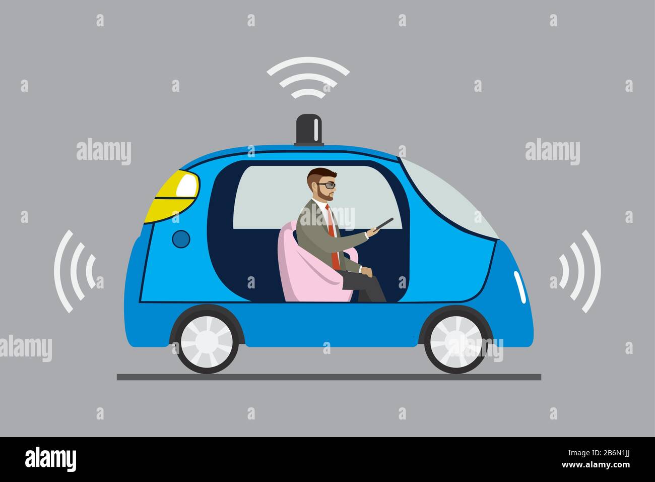 Self driving car with male passenger, Cartoon autonomous blue auto ...