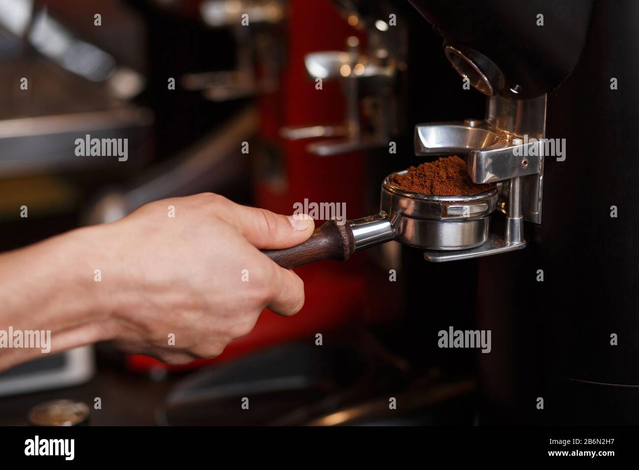 Professional coffee grinder grinding fresh roasted coffee beans ...