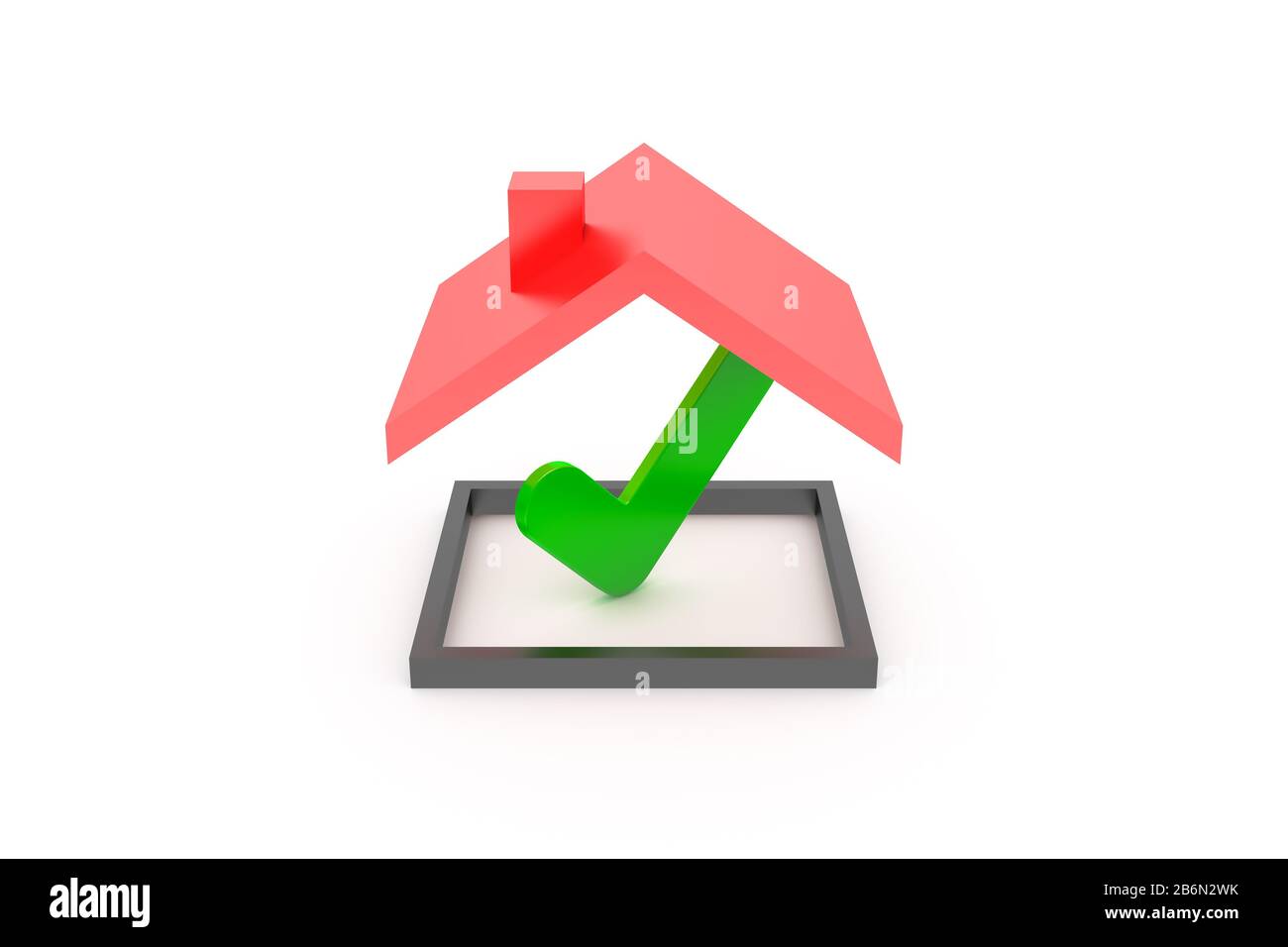 3d rendering of single green check mark list choice under roof, saving ...