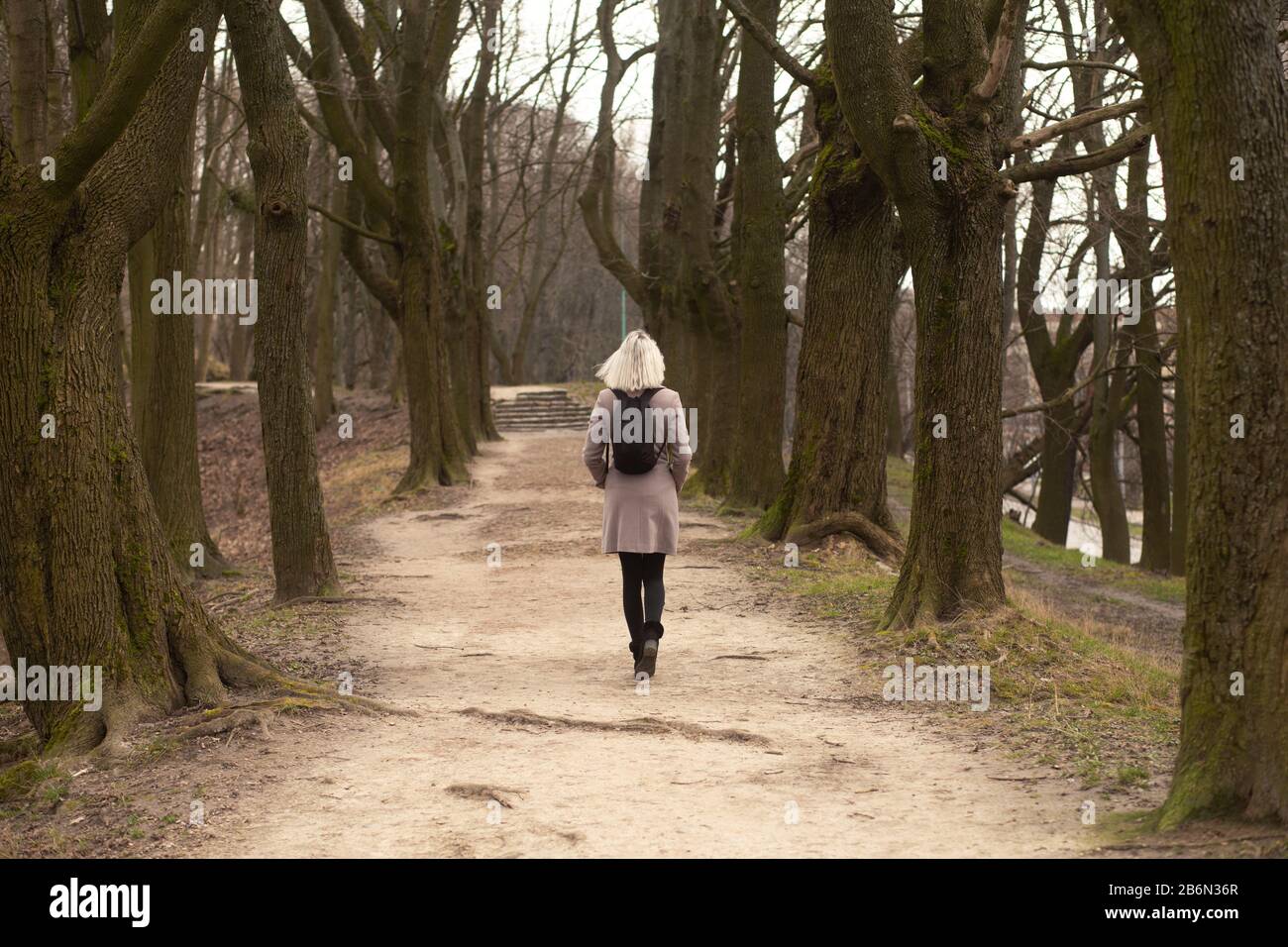 young woman walking away at old autumn park rear view Stock Photo - Alamy