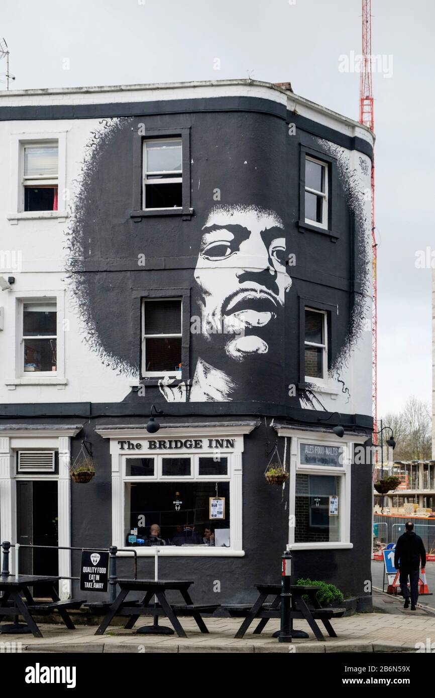 The Bridge Inn with its mural of Jimmy Hendrix Bristol UK Stock Photo ...