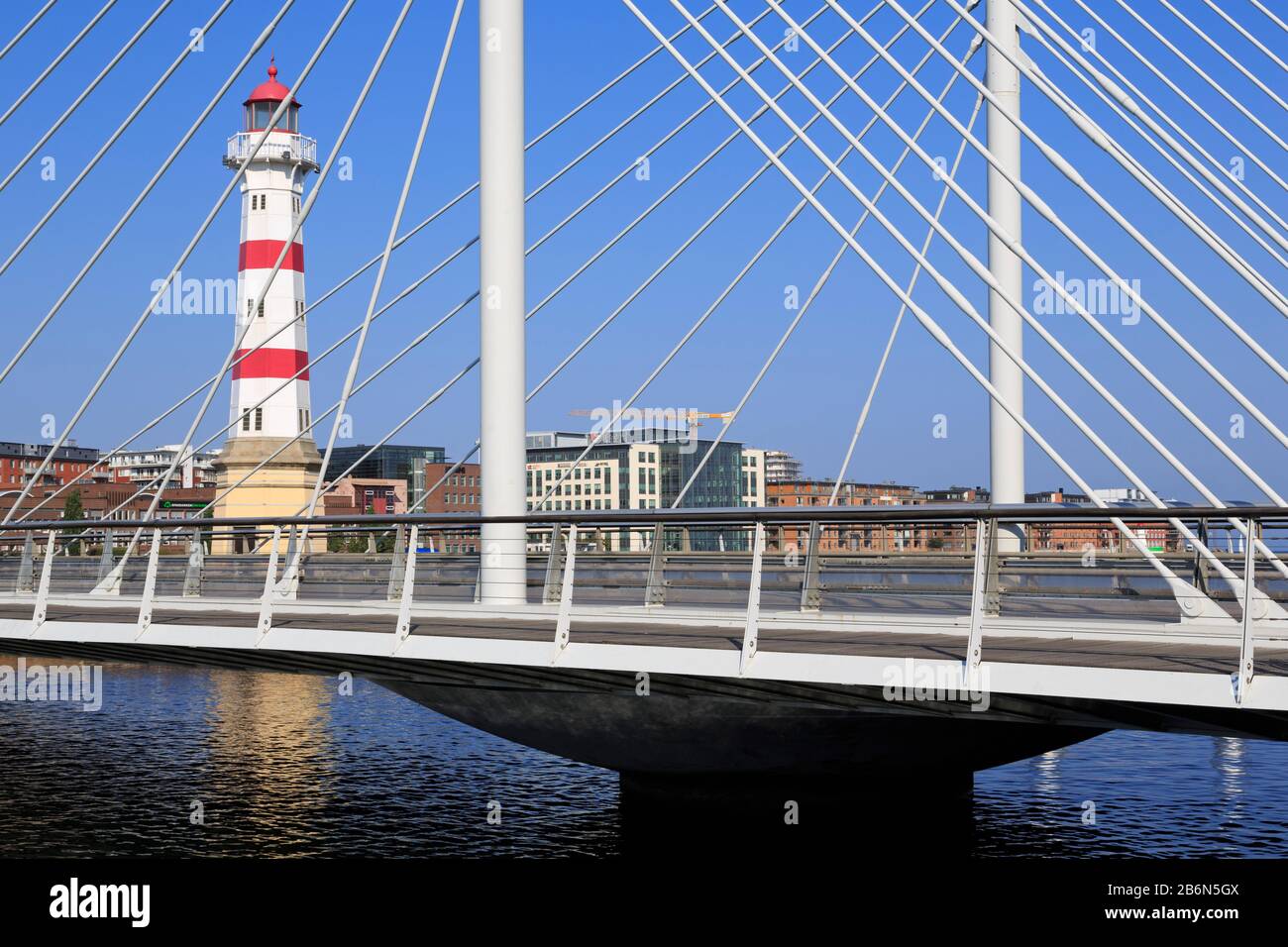 Malmo Harbor Lighthouse & University Bridge, Malmo, Sweden Stock Photo ...