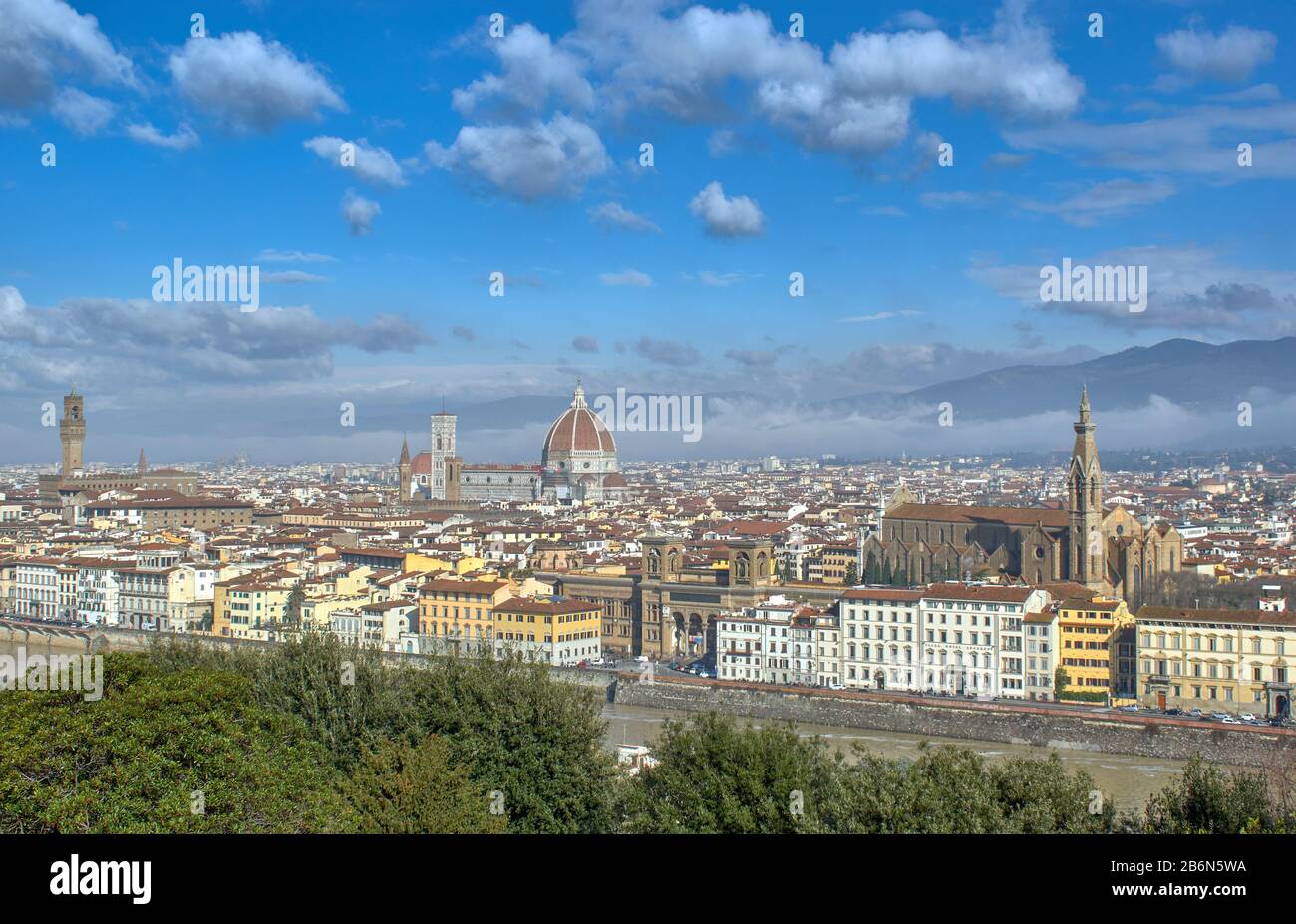 FLORENCE ITALY MORNING LIGHT MIST A BLUE SKY WITH CLOUDS OVER THE HILLS ...