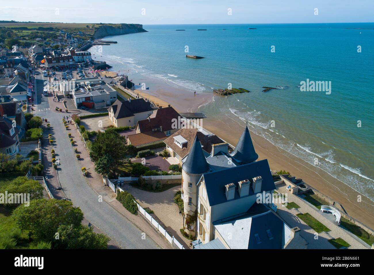 Aerial view of Arromanches Les Bains, Normandy, France, Mulberry ...