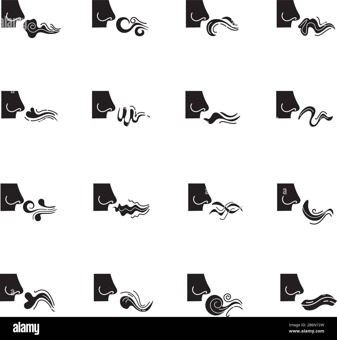 Nose smelling scent black glyph icons set on white space. Good and bad ...