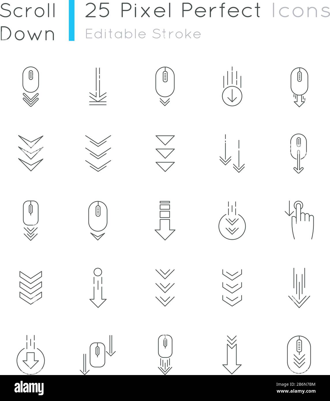 Scroll down pixel perfect linear icons set. Internet page browsing and download indicators ...