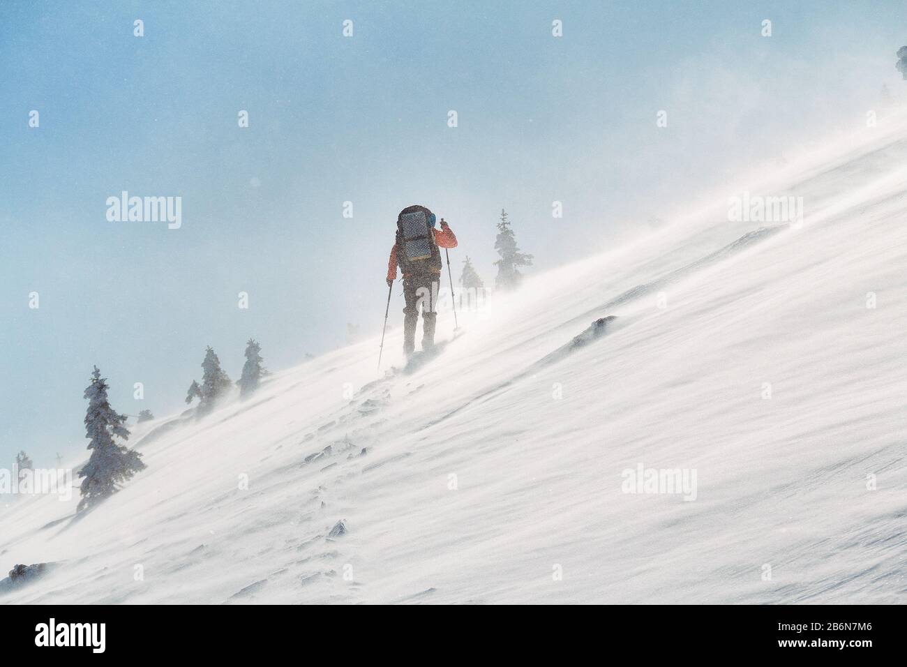Ski touring in extreme winter conditions at snow storm and blizzard ...